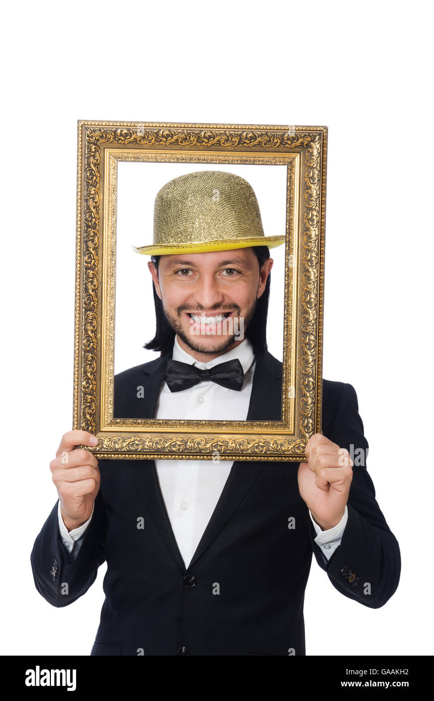 Man with picture frame isolated on white Stock Photo - Alamy