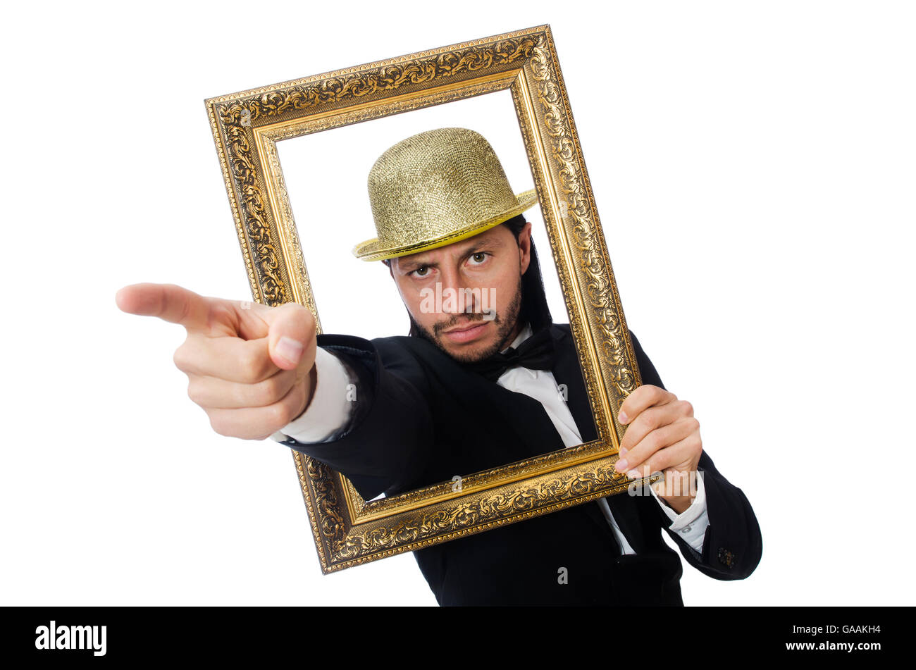 Man with picture frame isolated on white Stock Photo - Alamy