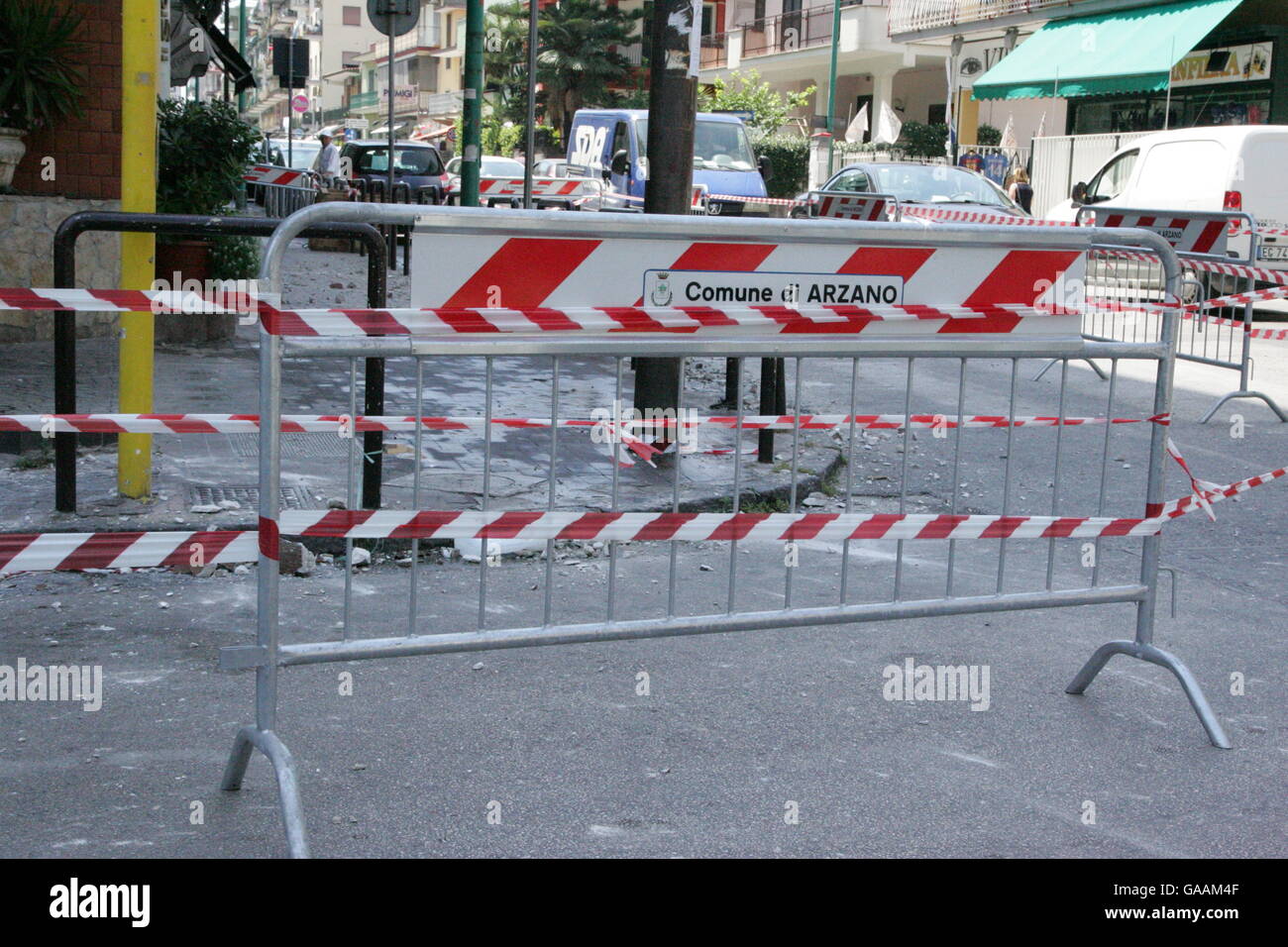Fallen rubble from a building cornices in Arzano. Falling rubble from a ...
