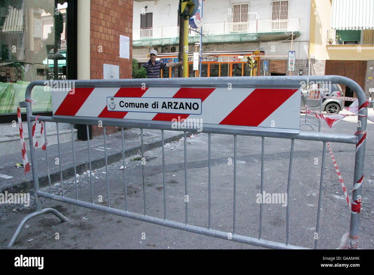 Fallen rubble from a building cornices in Arzano. Falling rubble from a ...