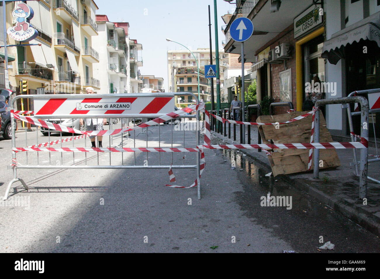 Fallen rubble from a building cornices in Arzano. Falling rubble from a ...