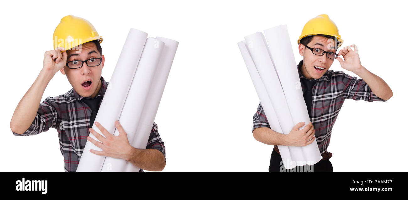 Funny man with blueprints on white Stock Photo - Alamy