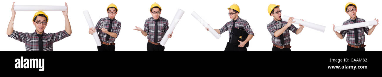 Funny man with blueprints on white Stock Photo - Alamy