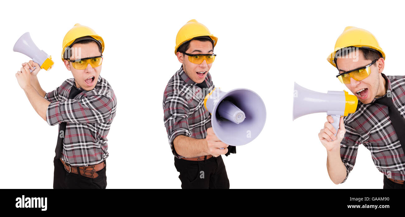 Young construction worker with loudspeaker isolated on white Stock ...