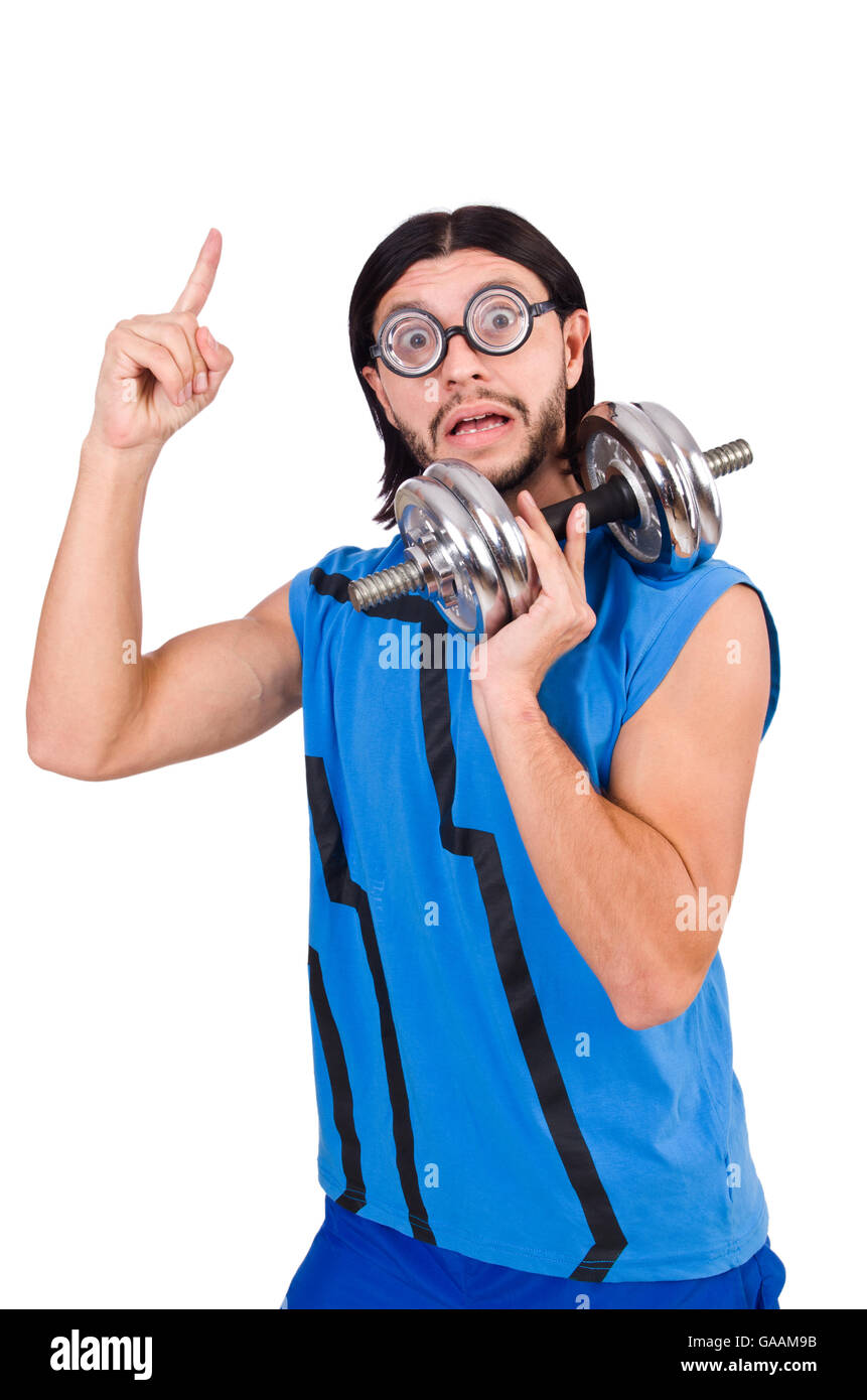 Funny guy with dumbbels on white Stock Photo - Alamy