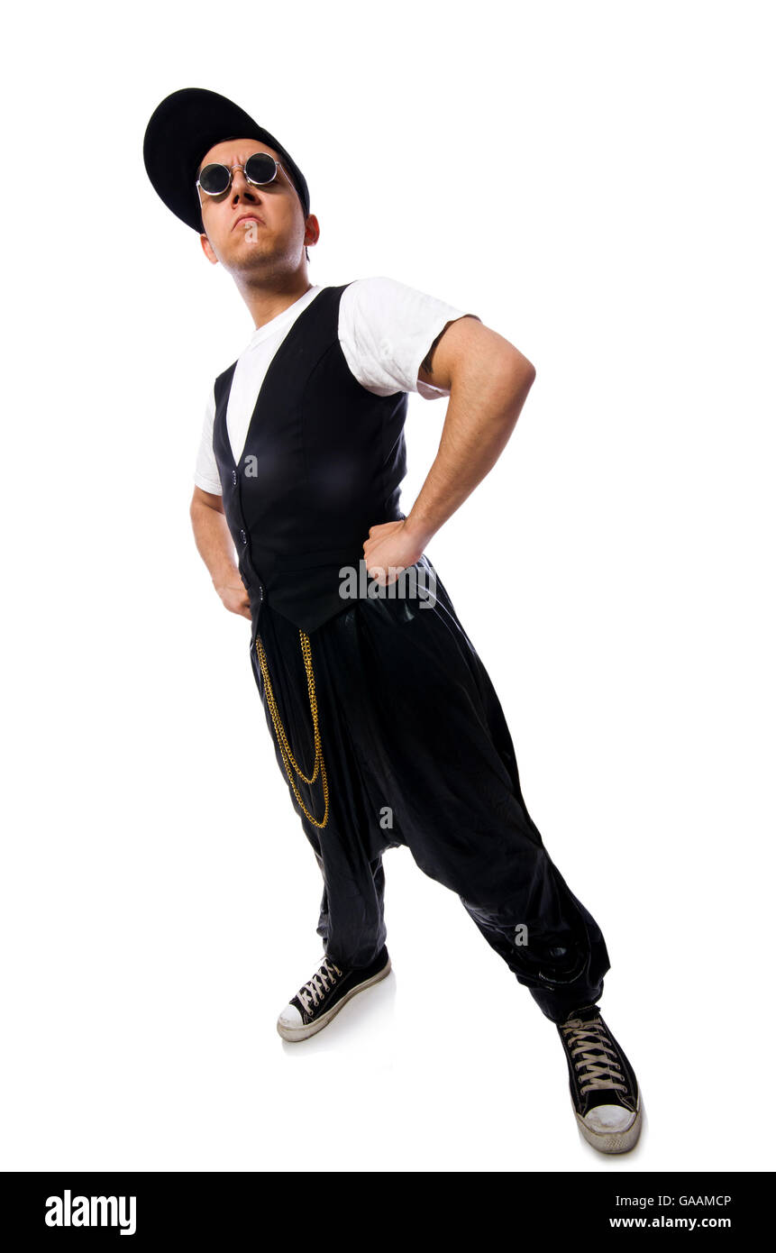 Funny young man dancing isolated on white Stock Photo - Alamy