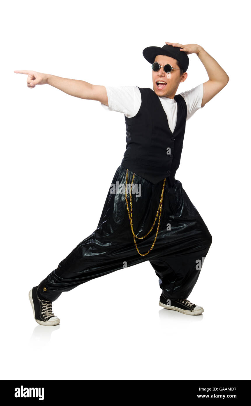 Funny young man dancing isolated on white Stock Photo - Alamy