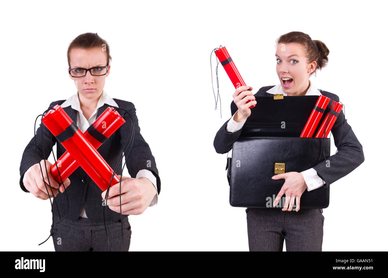 Woman businesswoman with dynamite stick isolated on white Stock Photo ...