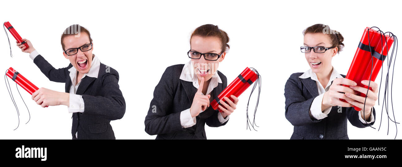 Woman businesswoman with dynamite stick isolated on white Stock Photo ...