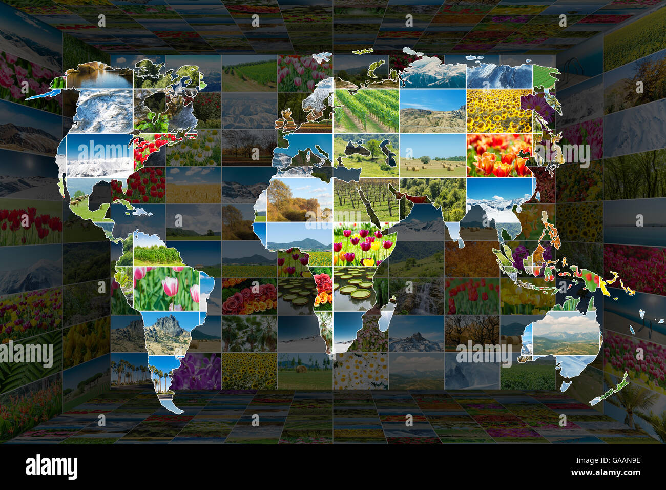World map with many nature photos Stock Photo - Alamy