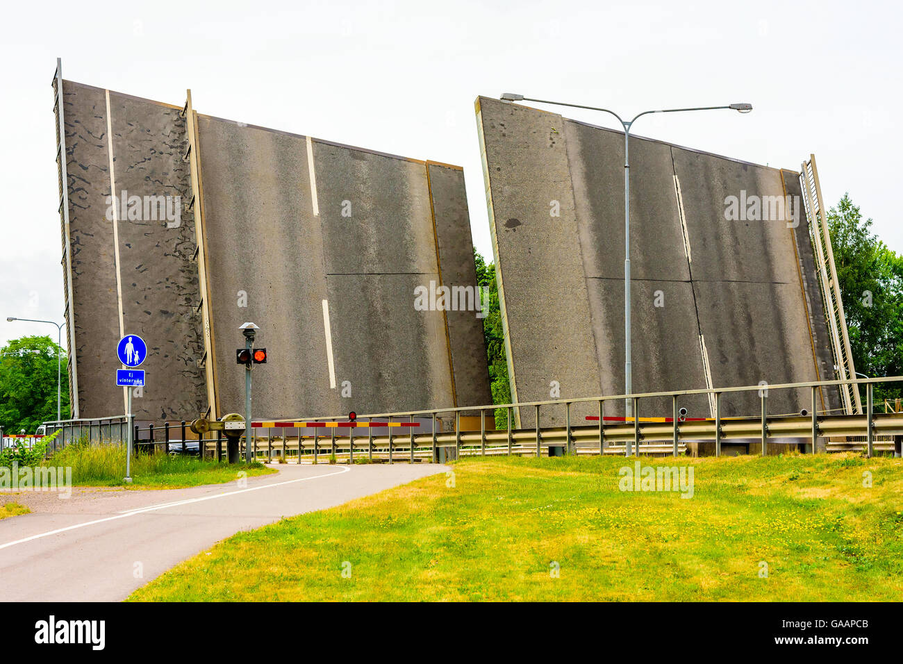 Double moveable bridge opening making road sections stand up vertical ...