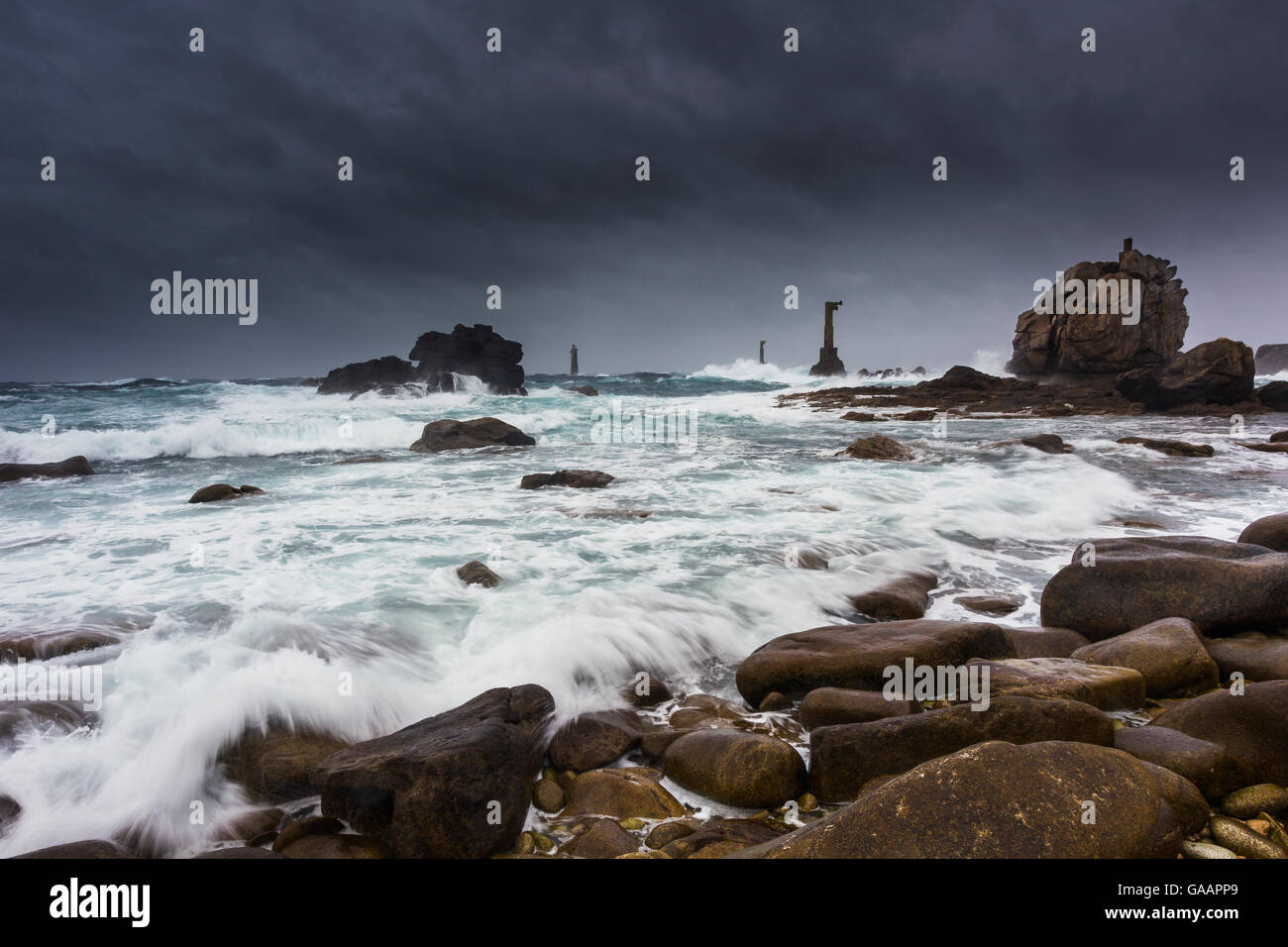 Storm at 'Pointe de Pern', Ile d'Ouessant / Ushant. Nividic lighthouse ...