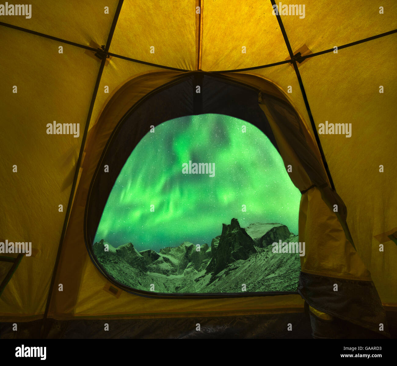 Aurora borealis / Northern Lights seen from entrance to tent, Brooks ...