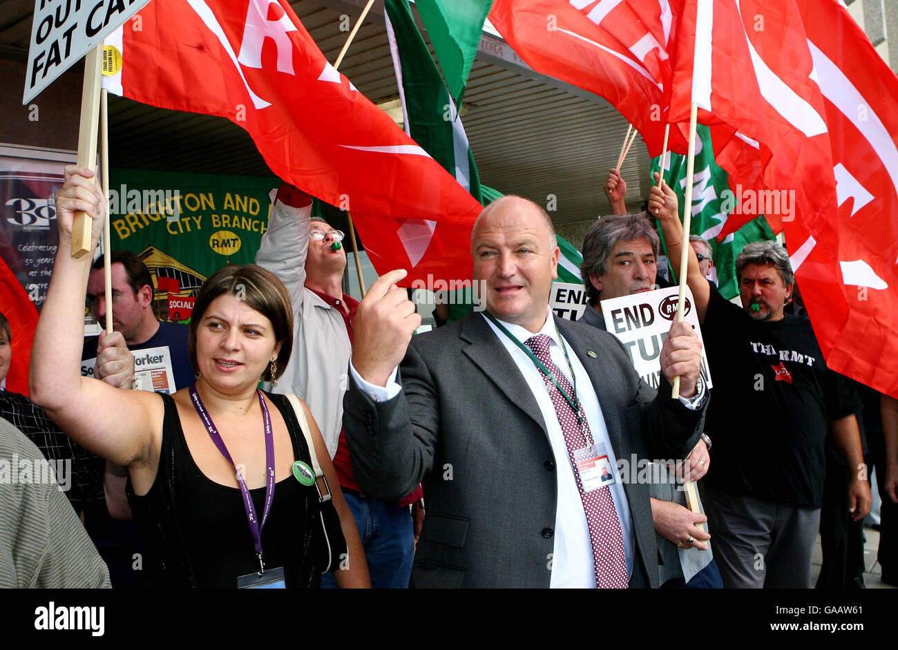 Bob Crow (centre), general secretary of the RMT, leads a demonstration ...
