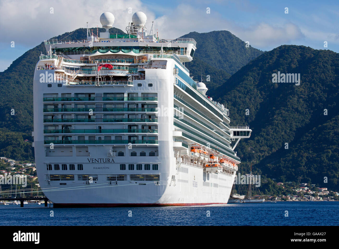 Rear view of a transatlantic cruise ship docked in Dominica, Caribbean ...