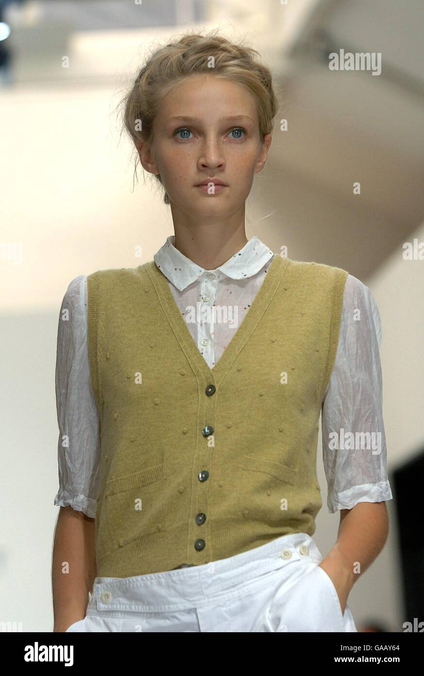 London Fashion Week - Margaret Howell Show. A model wears a creation by ...