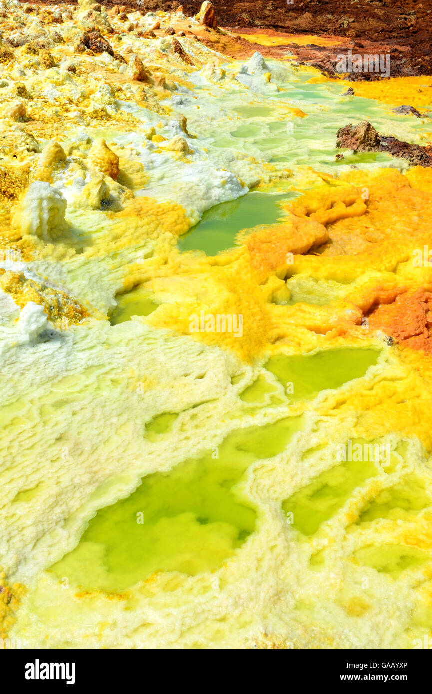 Dallol hot spring with salt concretions coloured by sulphur, potassium ...