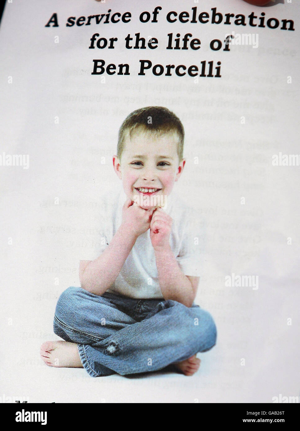 The order of service for the funeral of Ben Porcelli who died in a ...