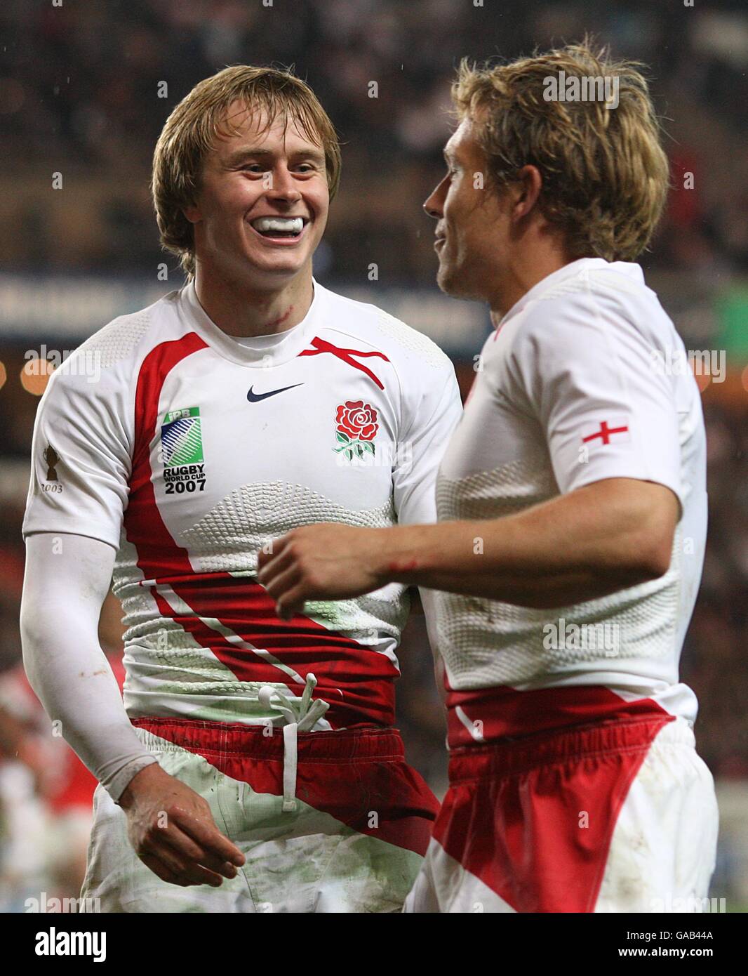 England's Matthew Tait celebrates his try with Jonny Wilkinson Stock ...