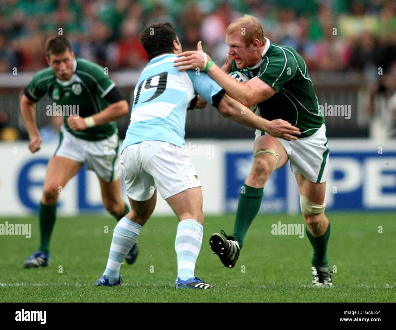 Ireland's Paul O'Connell is tackled by Argentina's Martin Durand (l ...