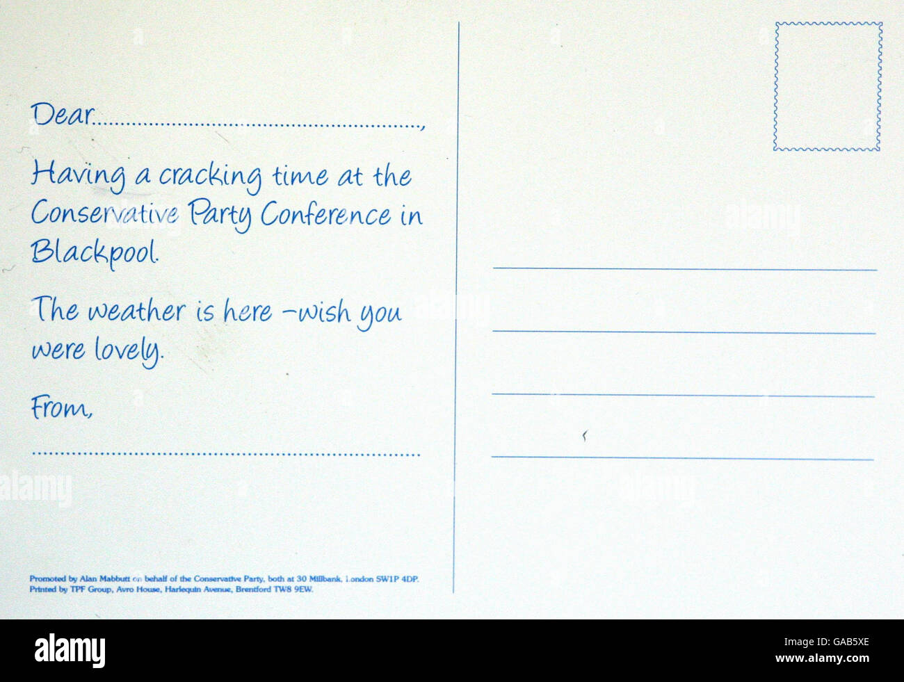 A postcard which is being handed out by the Conservatives at their ...