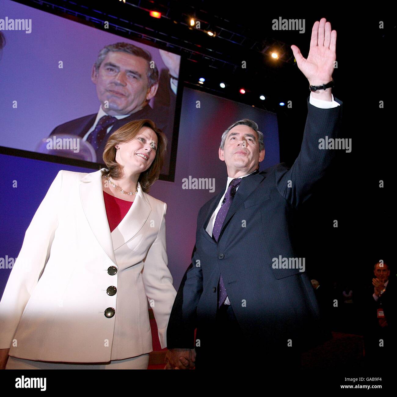 British Prime Minister Gordon Brown on stage with his wife Sarah after ...