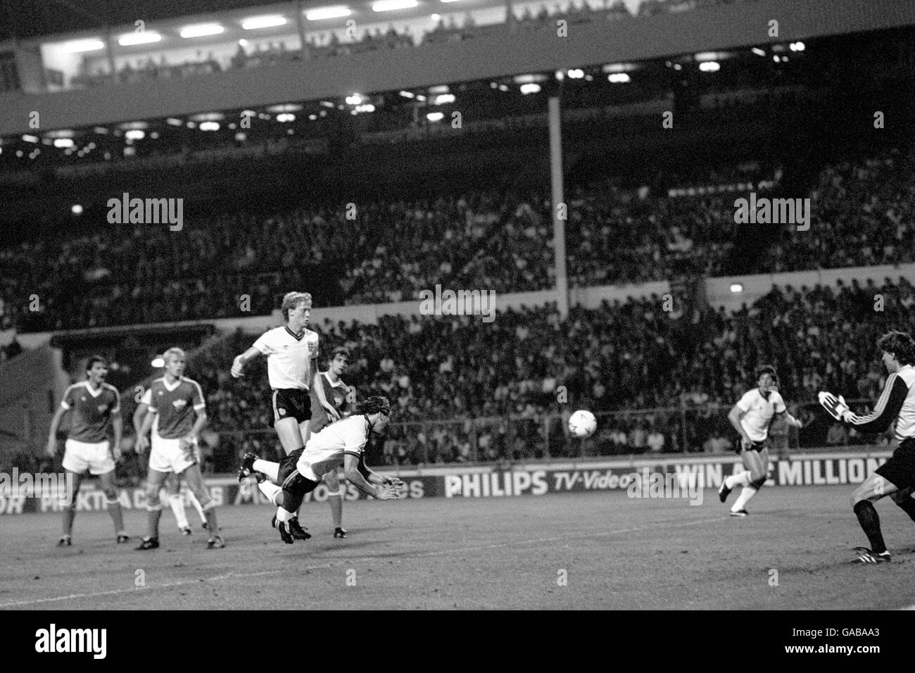 Englands bryan robson diving directs a diving header towards goal hi ...