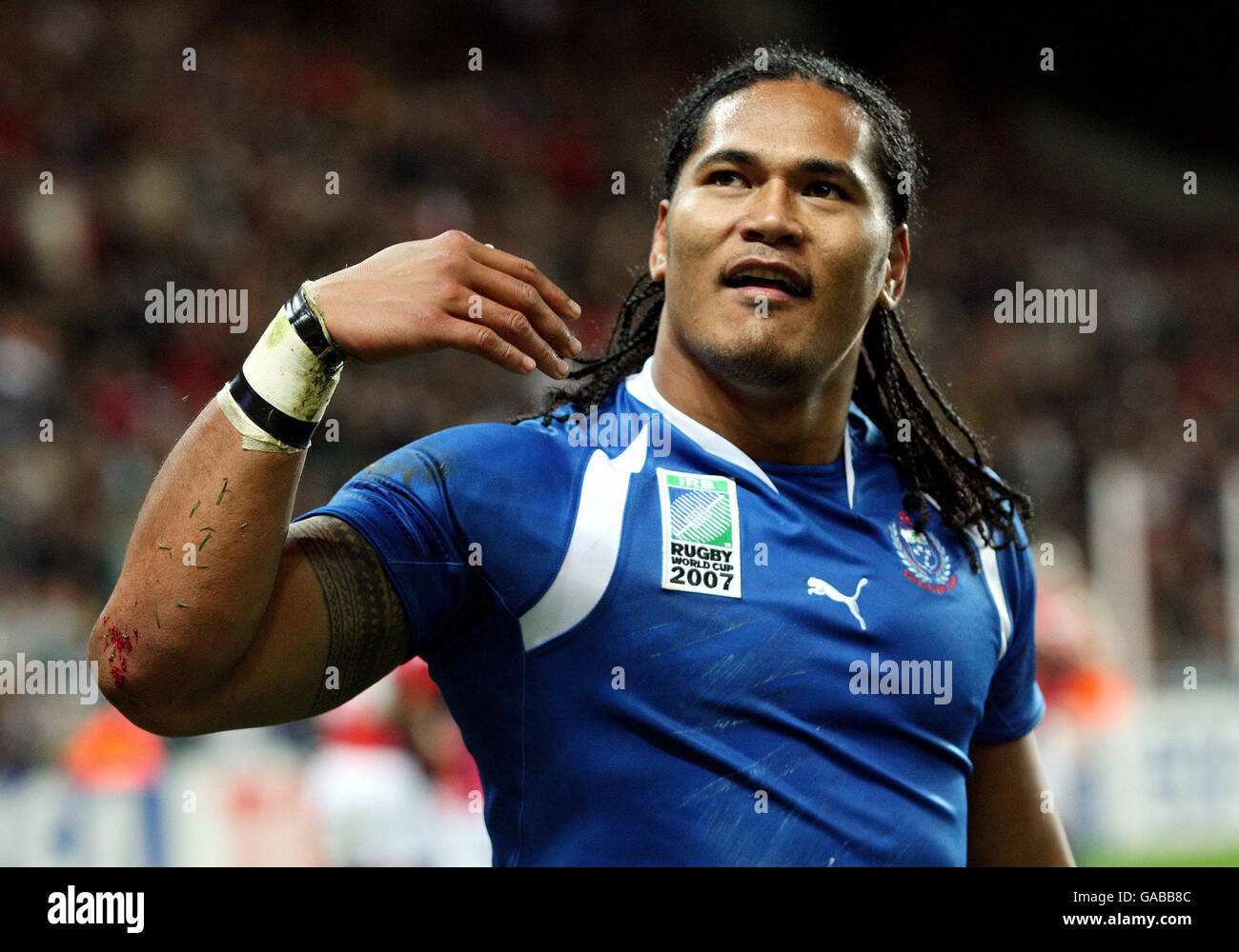 Samoa's Alesana Tuilagi celebrates scoring a try during the IRB Rugby ...