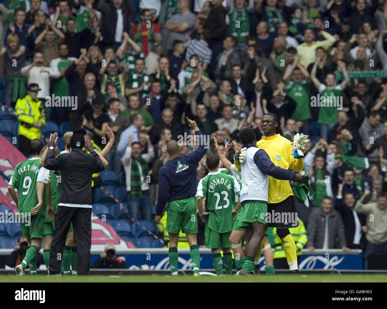 Hibernian players celebrate their victory against Rangers during the ...