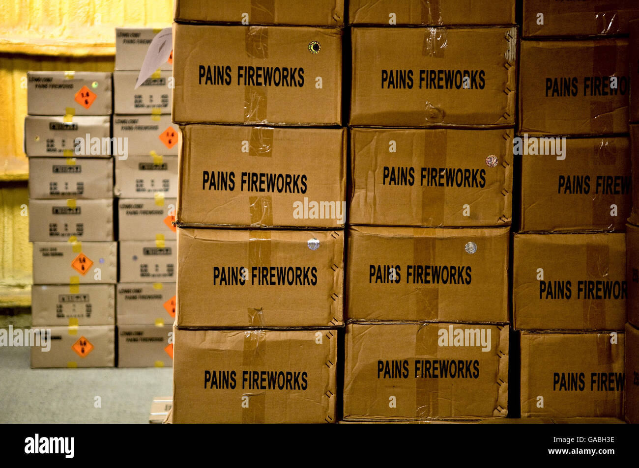 Firework boxes are stacked ready for preparation at Pains fireworks ...
