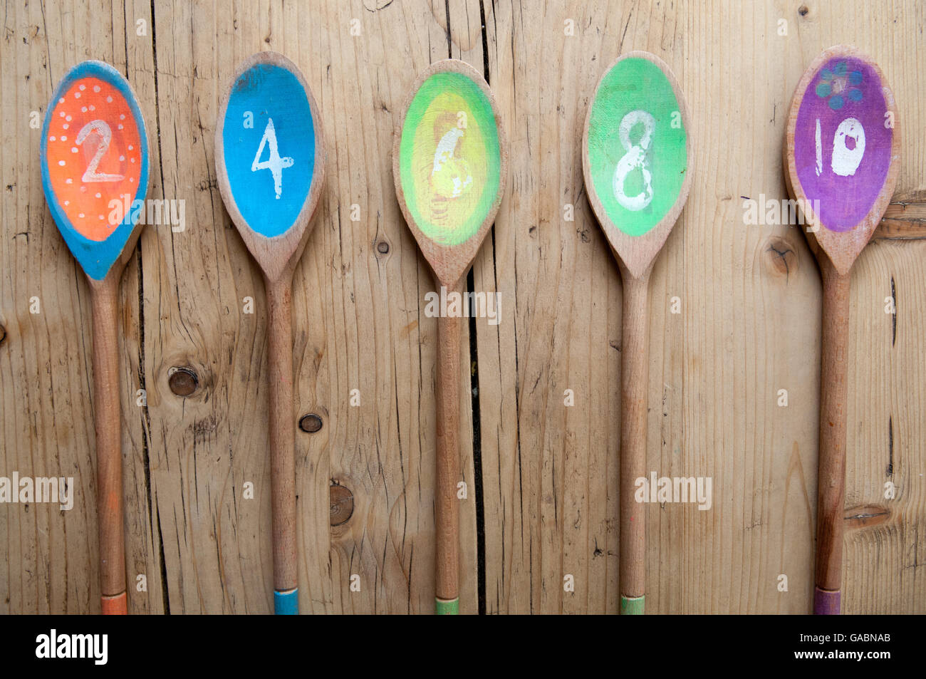 Brightly colored wooden spoons with numbers in a sequence arranged in a ...