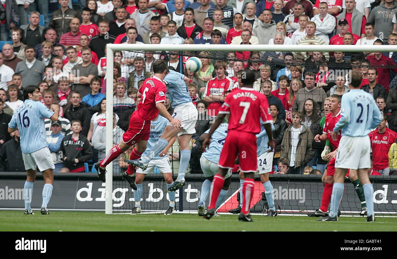 Middlesbrough's Chris Riggott (2nd l) head's in an own goal Stock Photo ...