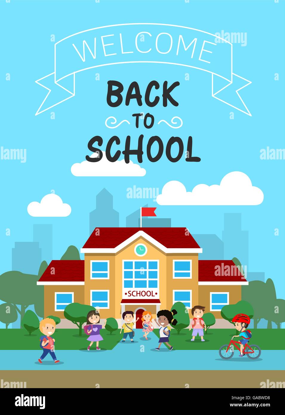 Vector illustration of school building with schoolkids, for poster or ...