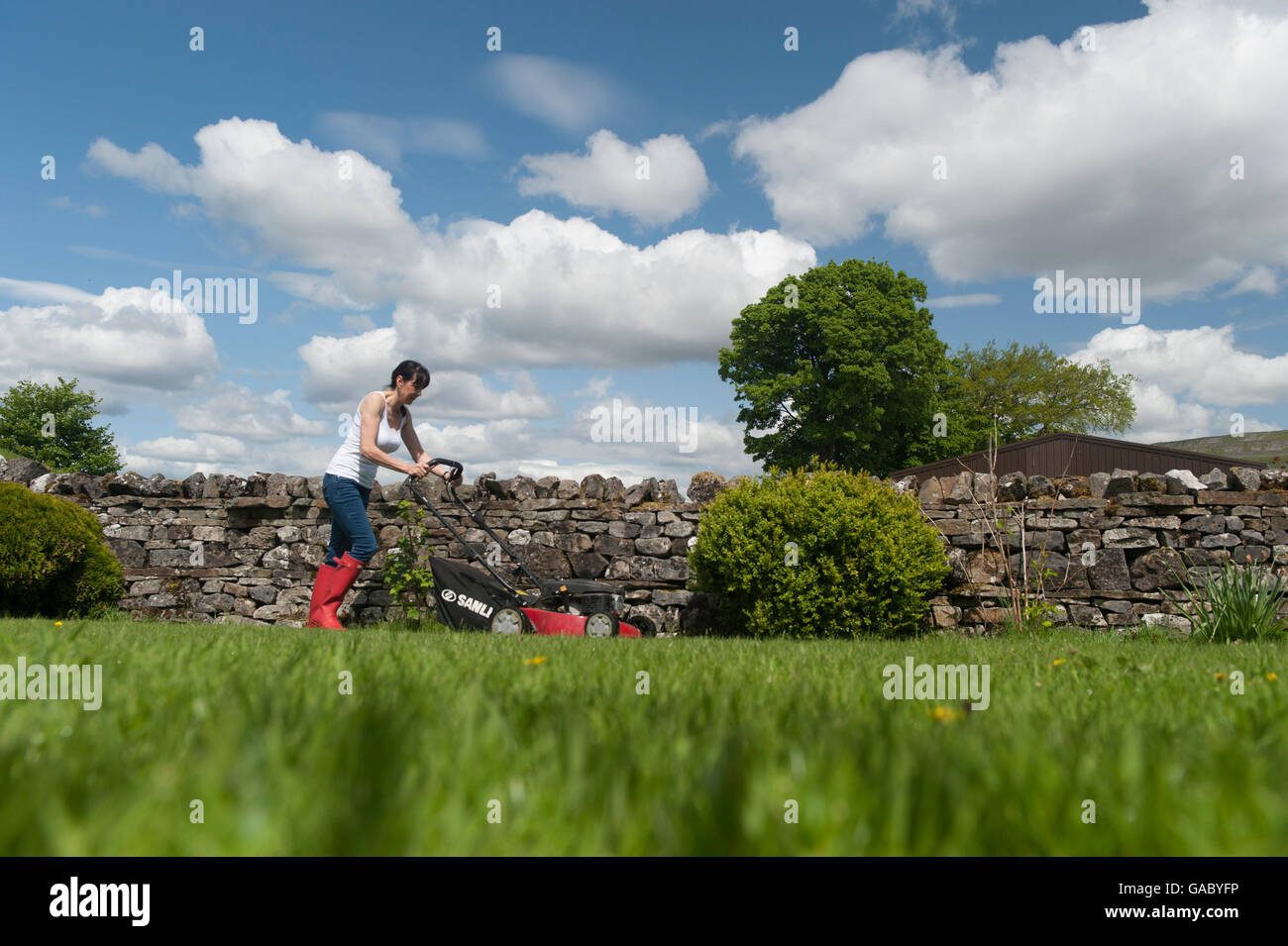 Woman pushing lawn mower hi-res stock photography and images - Alamy