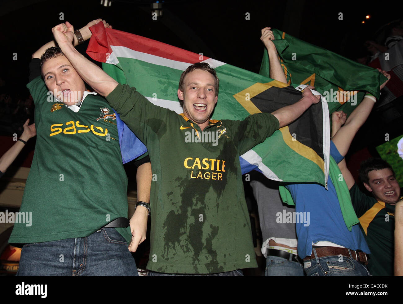 South Africa fans celebrate in the Walkabout Bar, London, after South ...
