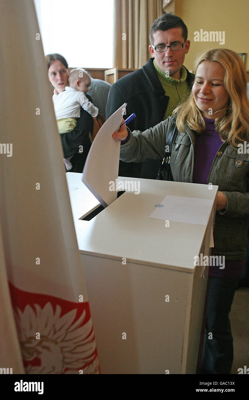 A Polish lady casts her vote at the Polish Embassy in Dublin for Poland ...