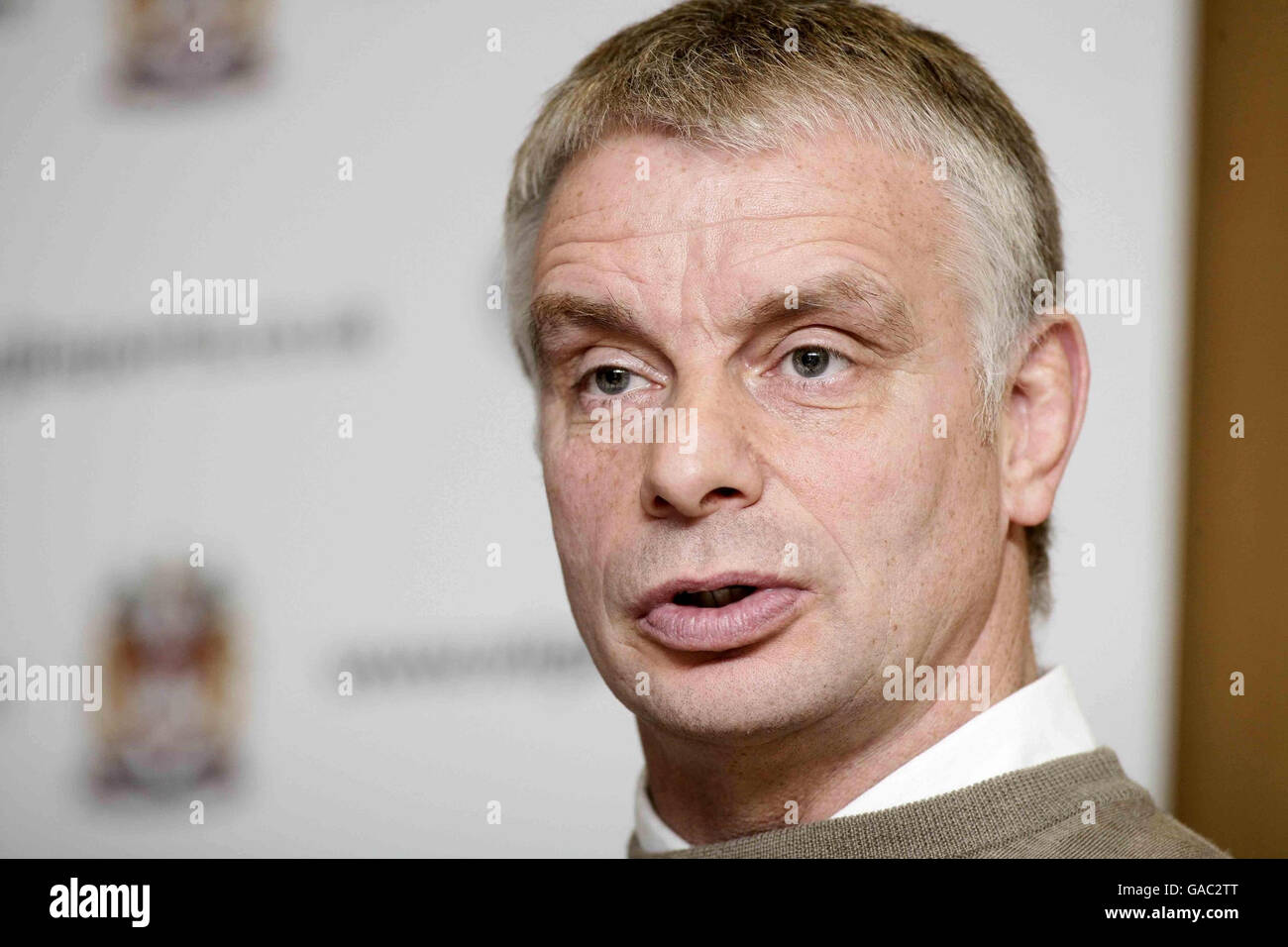 Coach brian noble during press conference at the jjb stadium hi-res ...
