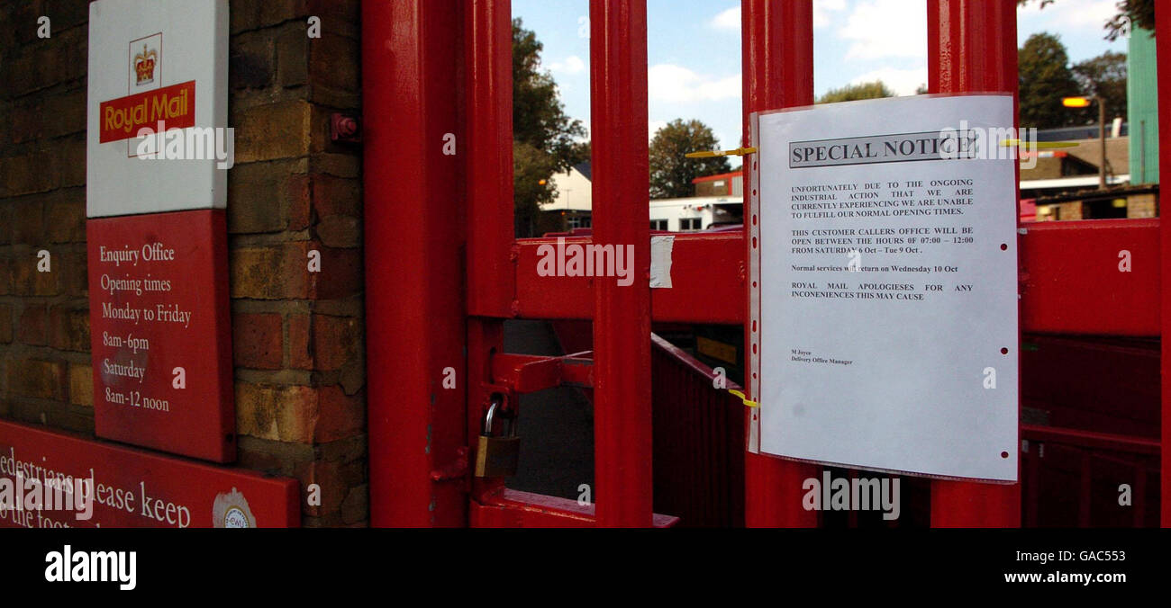 General view of a strike notice posted on the gate of a Royal Mail ...