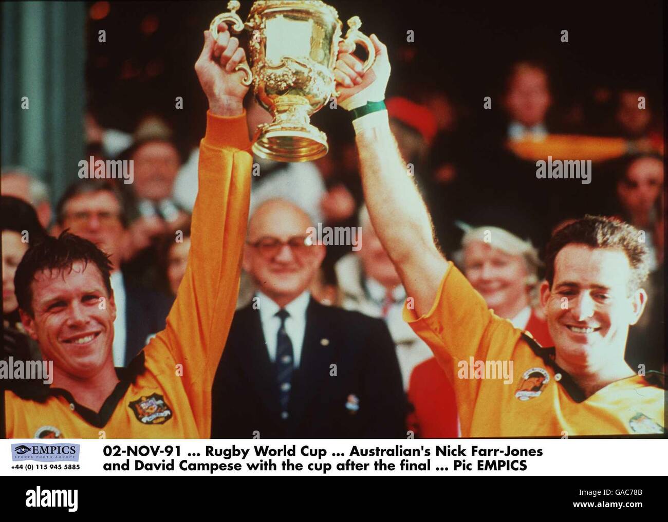 02-NOV-91. Rugby World Cup. Australian's Nick Farr-Jones and David ...