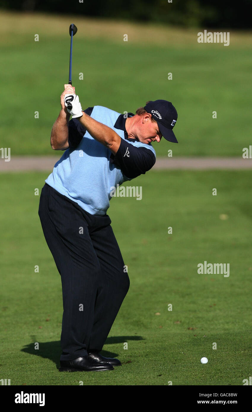 South Africa's Ernie Els plays his 2nd shot to 12th green in his match ...