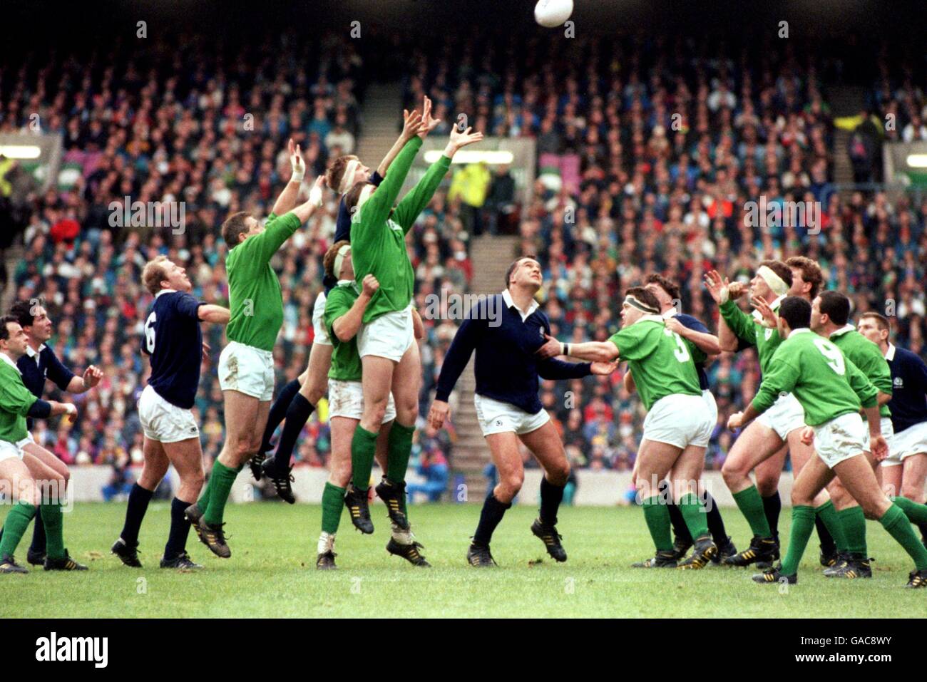 FIVE NATIONS RUGBY. FORWARDS CHALLENGE FOR THE BALL IN THE LINEOUT ...
