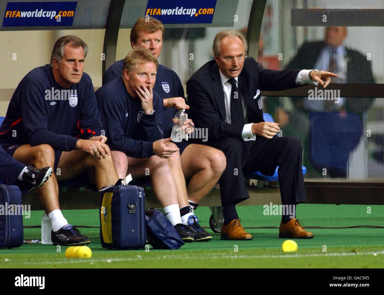 England Coach's Ray Clemence, Sammy Lee and Steve McClaren listen as ...