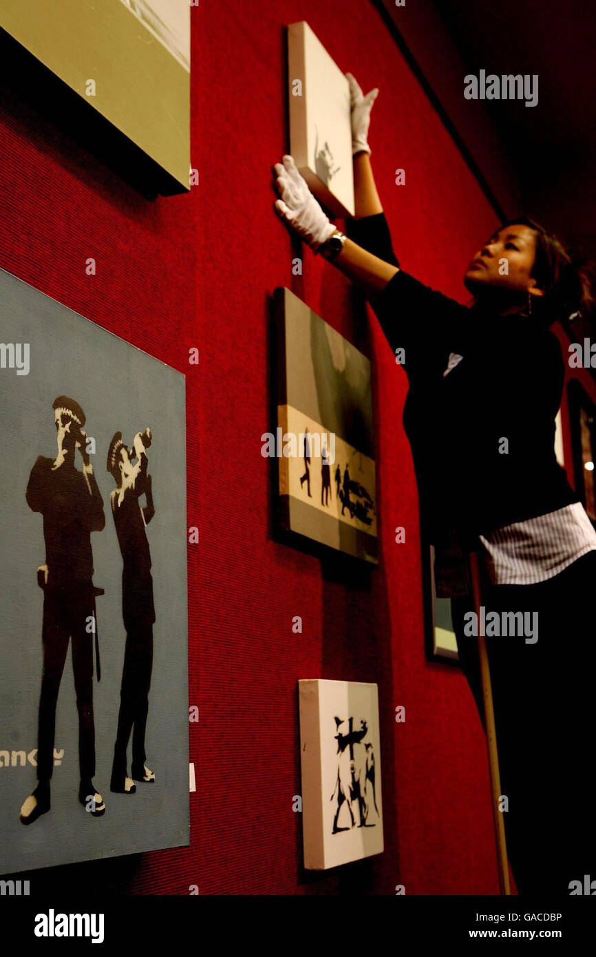 Banksy pieces on display in bonhams auction house hi-res stock ...