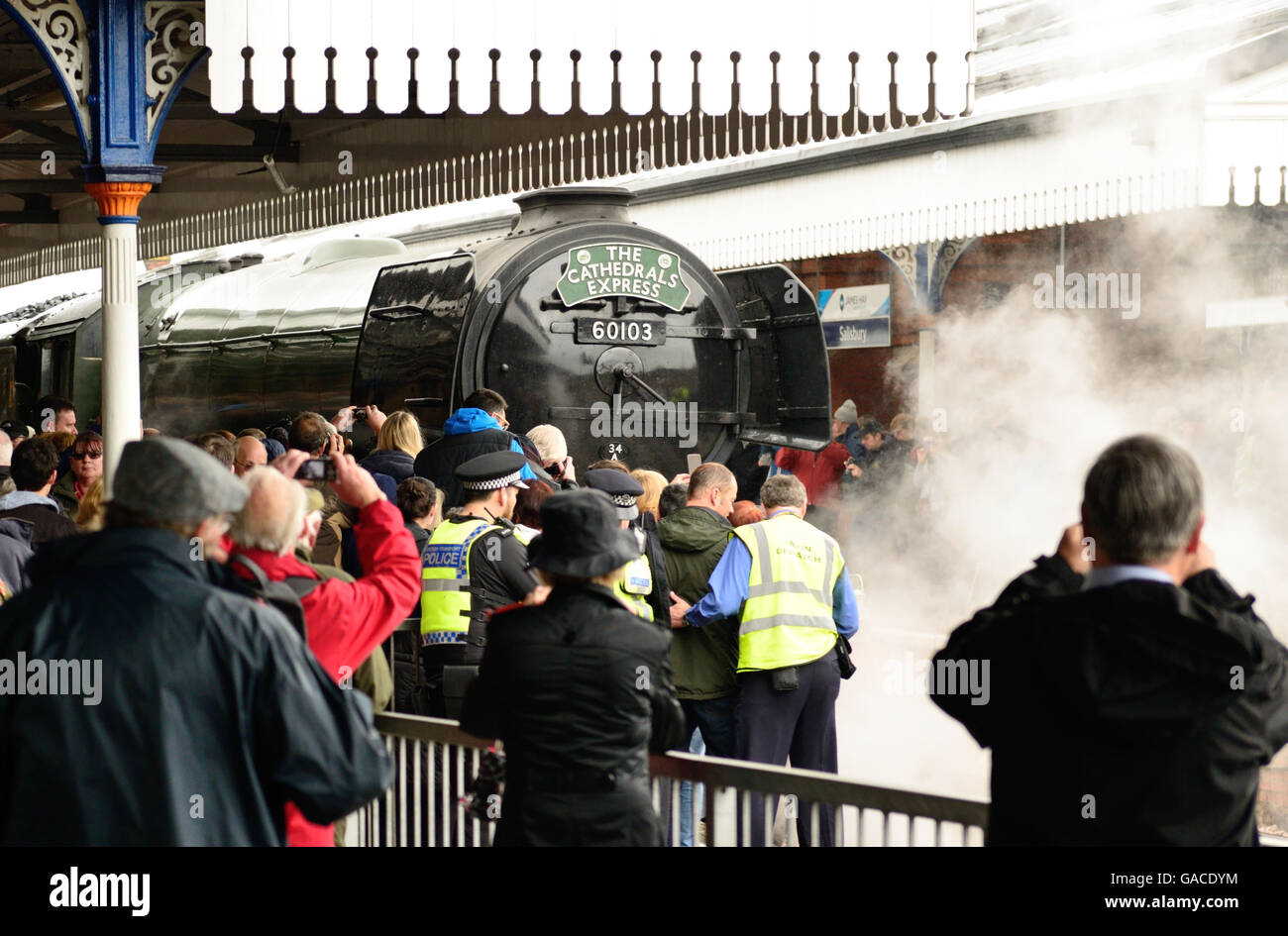 World famous steam locomotive "Flying Scotsman" surrounded by crowds at ...