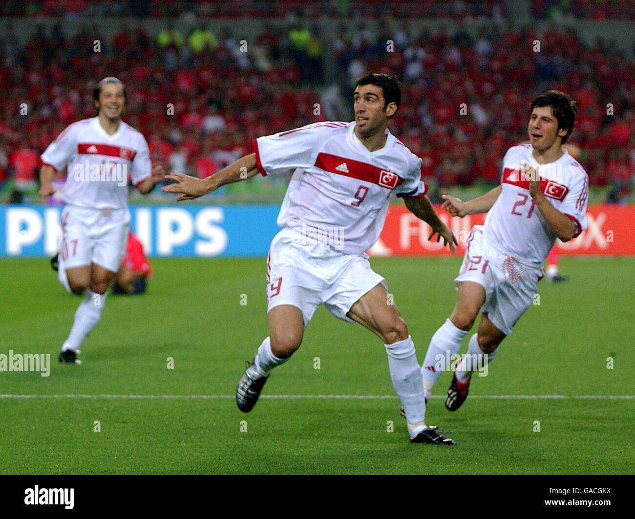 Turkey's Hakan Sukur celebrates scoring Turkey's first goal in the ...