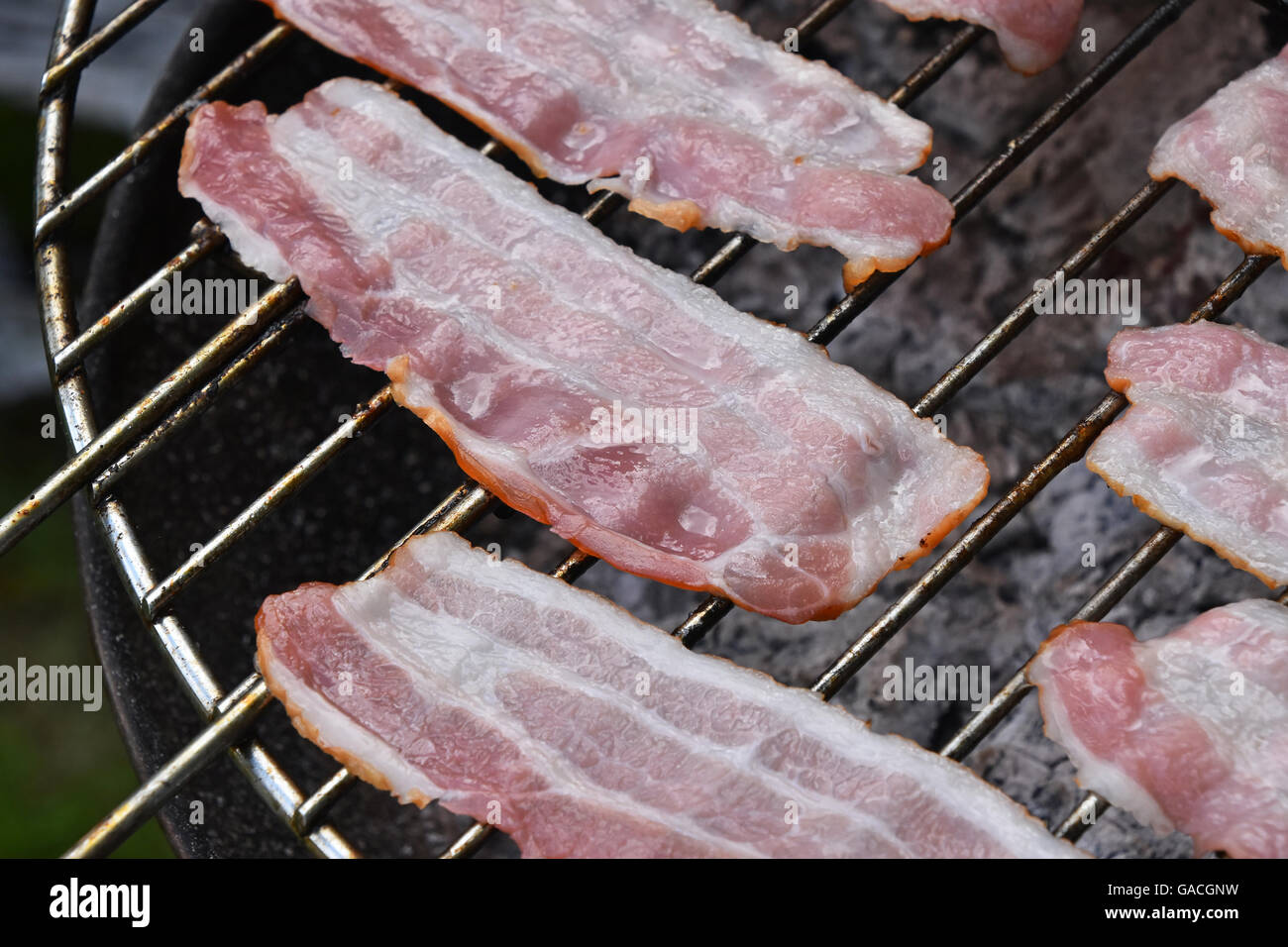 Raw smoked melting grilled barbecue bacon slices, being cooked on round ...