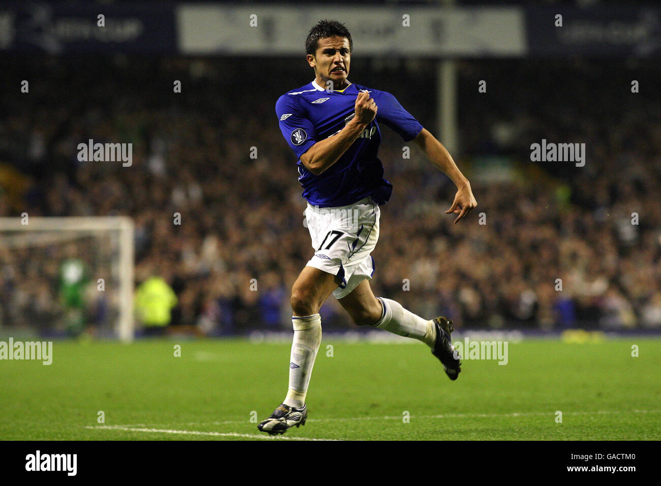 Everton's Tim Cahill celebrates the first goal during the UEFA Cup ...