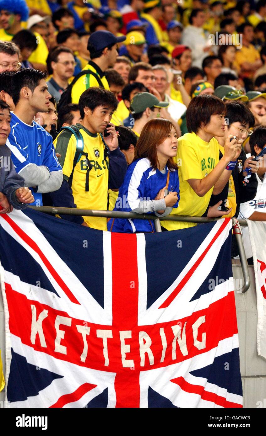 Kettering flag amongst the brazil fans at the saitama stadium hi-res ...