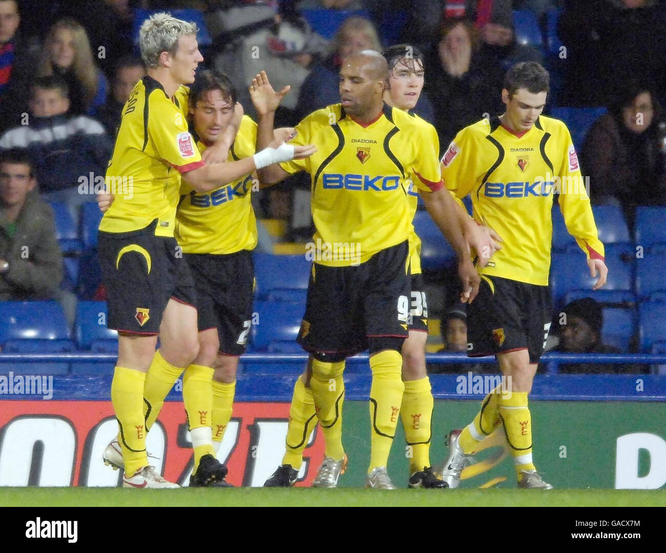 Watford players celebrates Tommy Smith's (second left) goal against ...