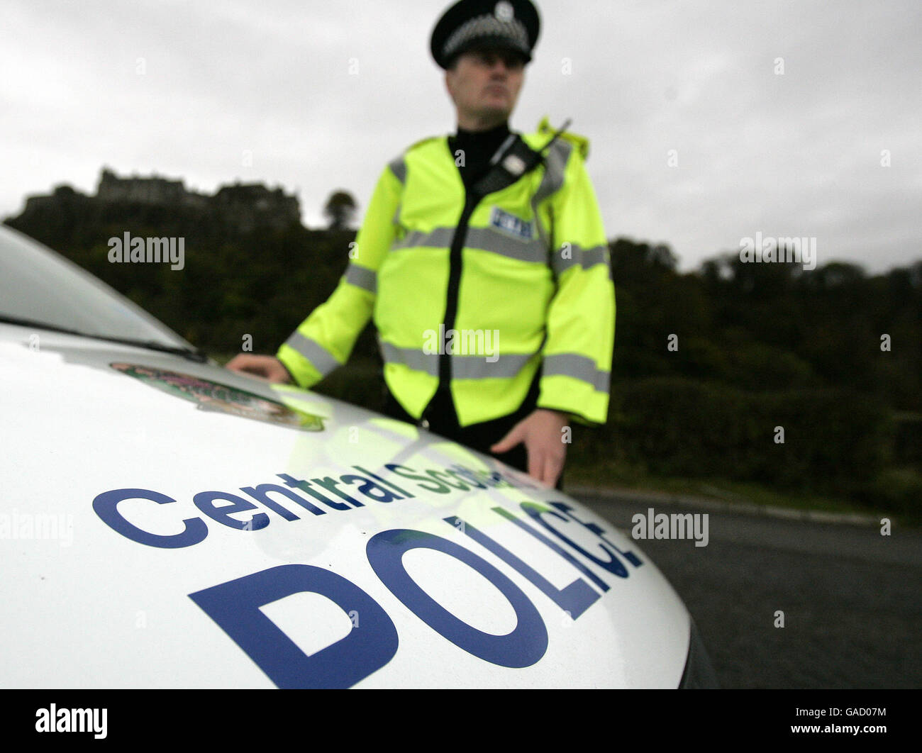 Central Scotland Police officer beside police car at Stirling Castle ...